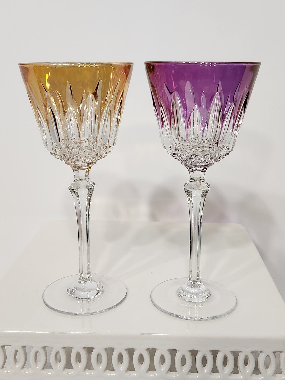 2 Pc Lead Crystal Hock Wine Glasses Purple to Clear, Yellow to Clear ...