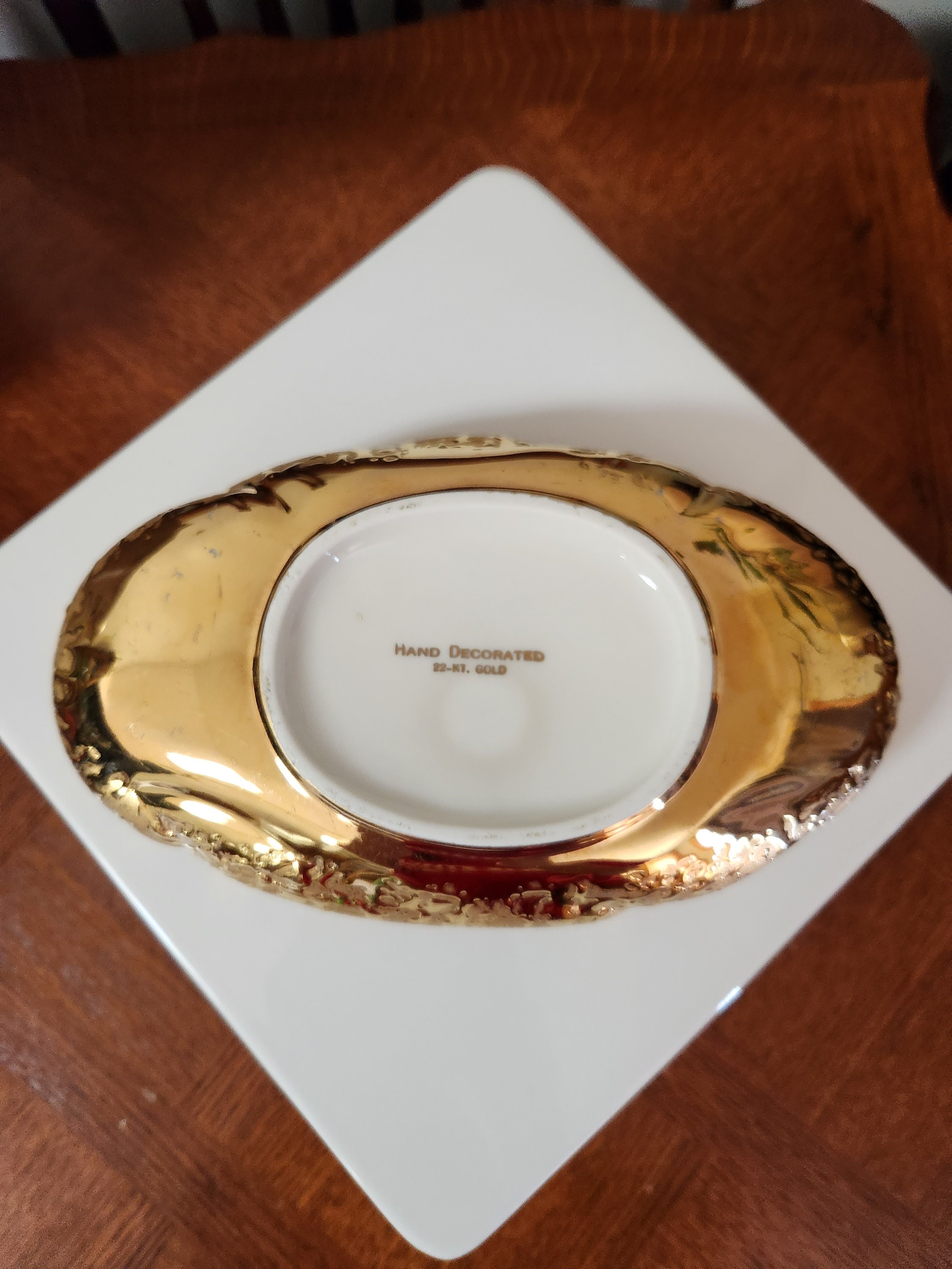 Weeping Gold Nugget Oblong Porcelain Bowl. 22 KT Gold Hand Decorated ...