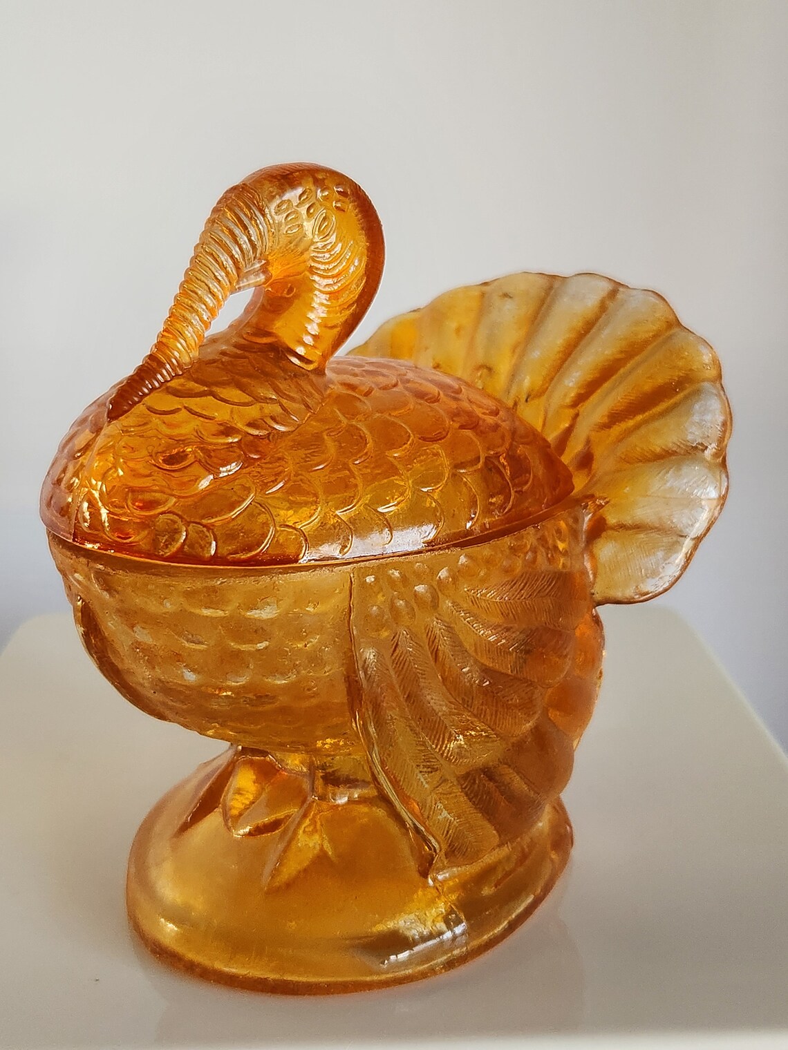 L E SMITH Turkey Golden Amber Art Glass Lidded Candy Trinket Dish 1950s ...