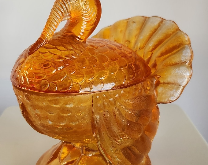 L E SMITH Turkey Golden Amber Art Glass Lidded Candy Trinket Dish 1950s ...