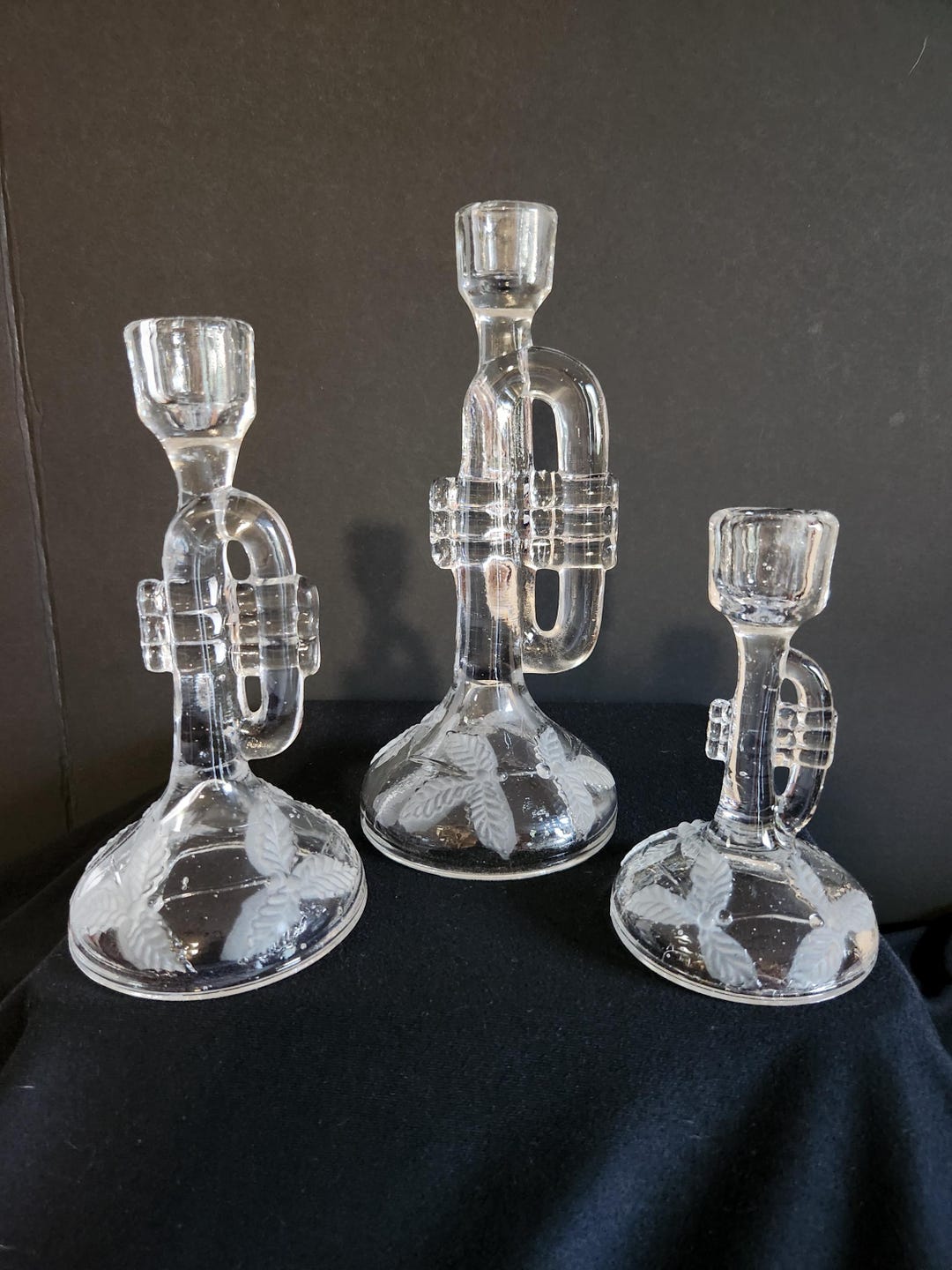 3 Pc Set Trumpet Taper Candlestick Holders, Clear Glass With Frosted ...