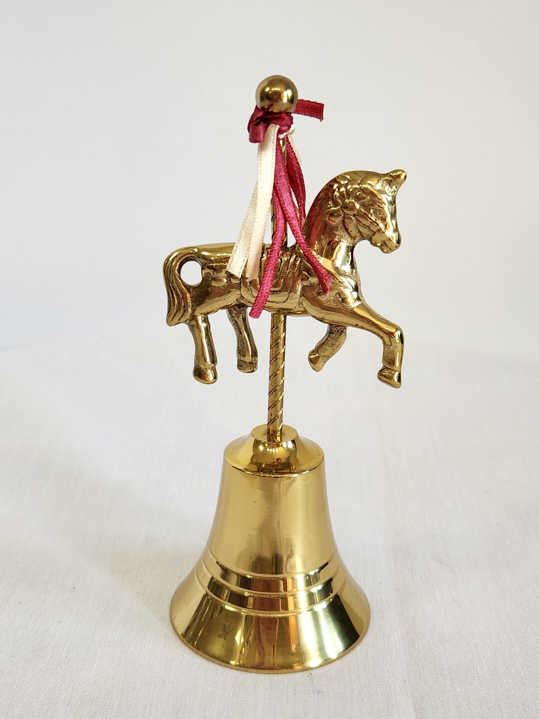 Solid Brass Carousel Unicorn Horse Bell With Maroon and Cream Ribbons, 1980s, Original Striker ...