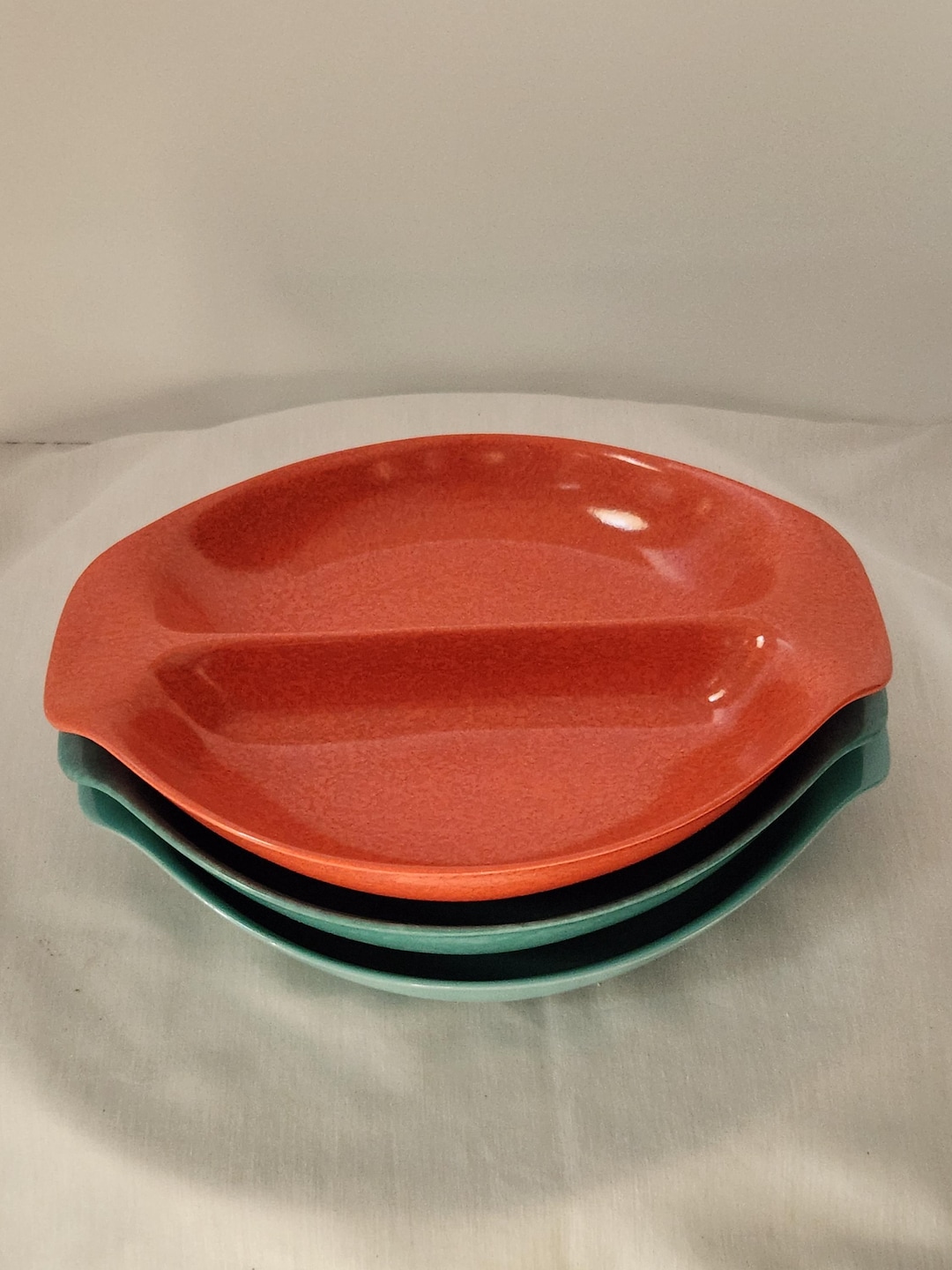 3 Pc Russel Wright Melamine Divided Dish Bowl, Orange Stippled Confetti ...