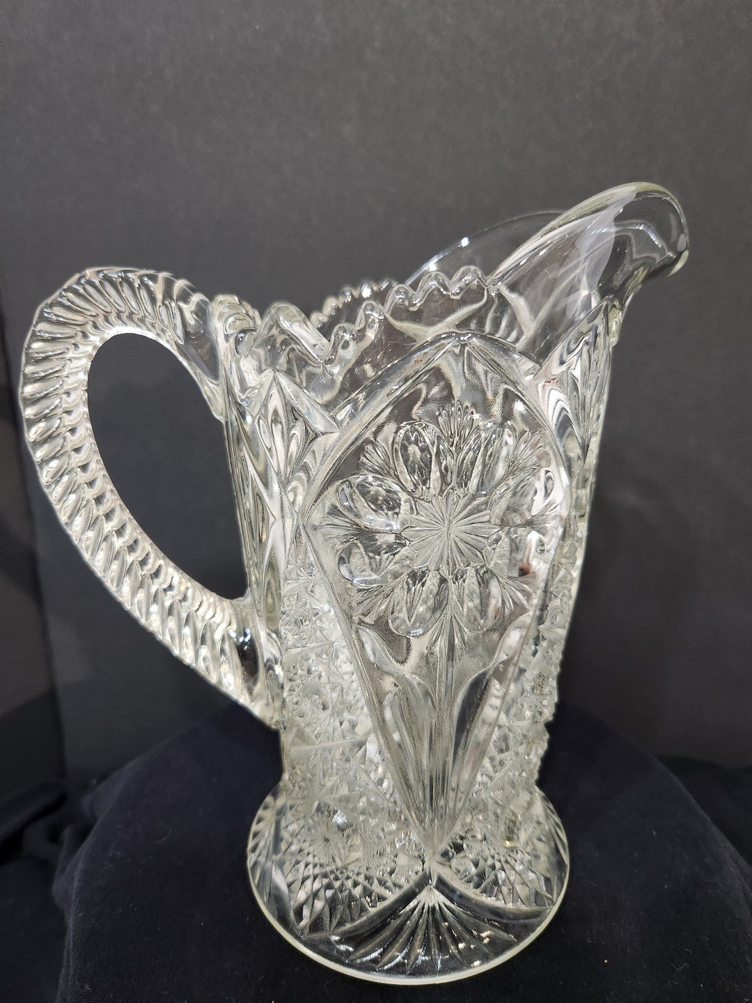 Imperial Glass Pitcher Cosmos Pressed Flowers, Scalloped Edge, Ribbed ...