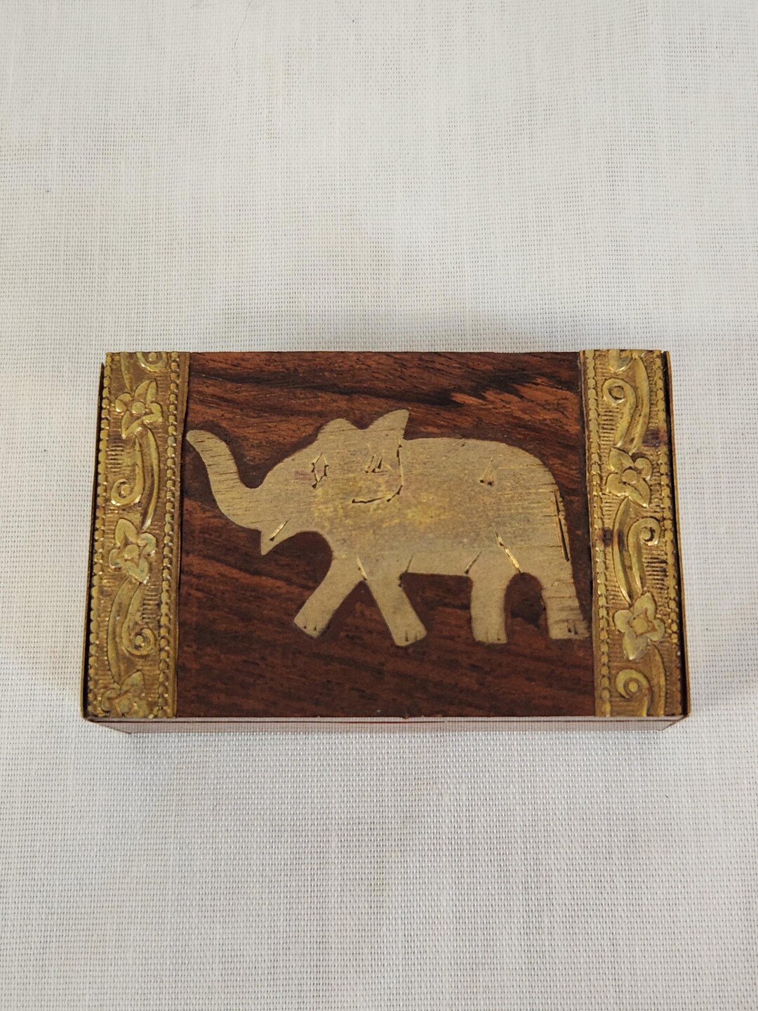 Vtg Small Teak Wood Match Box With Solid Brass Inlaid Elephant and ...
