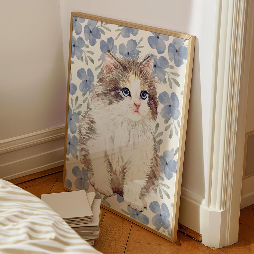 Watercolor Cat Print: Boho Chic Purple Accent Pet Portrait (digital ...