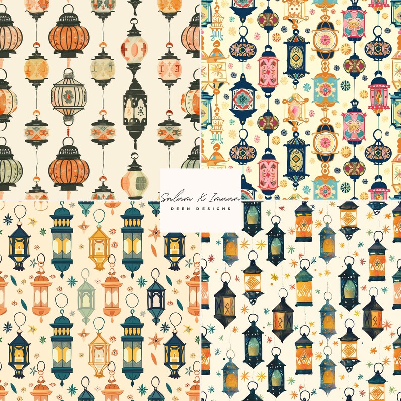 Islamic Lanterns Seamless Pattern Tiled Printable Digital Paper Bundle ...
