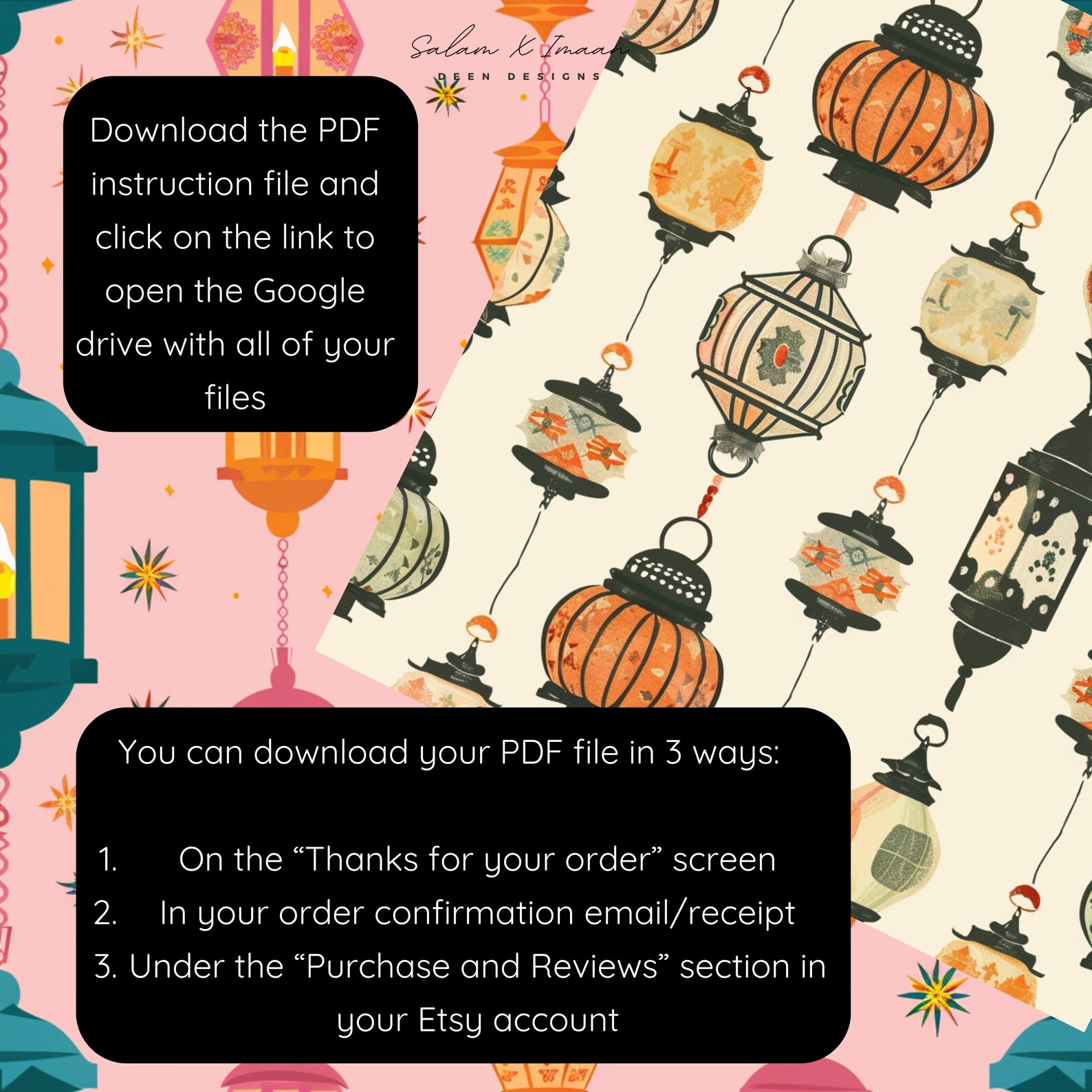 Islamic Lanterns Seamless Pattern Tiled Printable Digital Paper Bundle ...