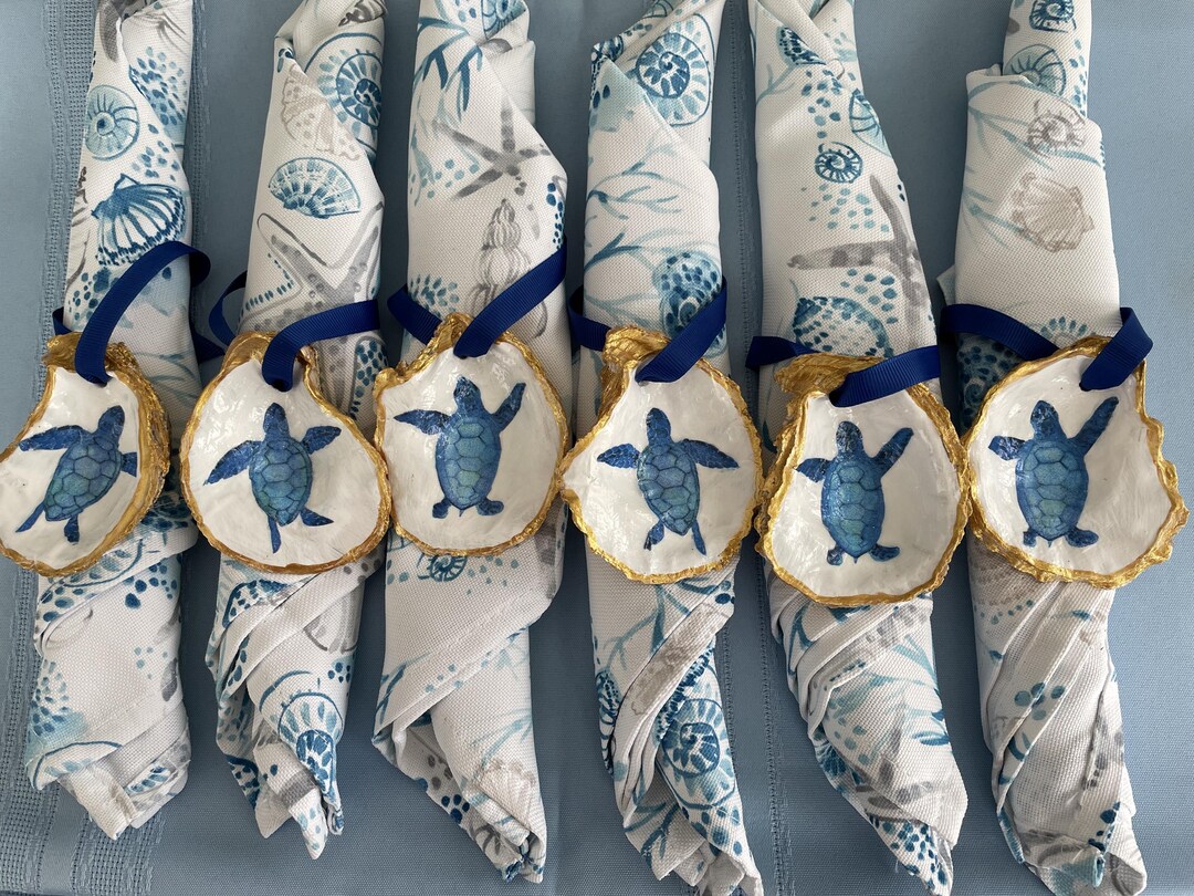 Playful Turtle Oyster Shell Napkin Rings W/24 K Gold Handpainted Border ...