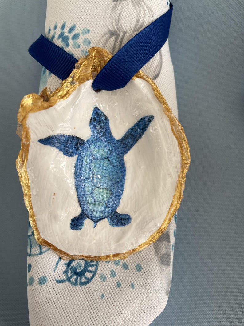 Playful Turtle Oyster Shell Napkin Rings W/24 K Gold Handpainted Border ...