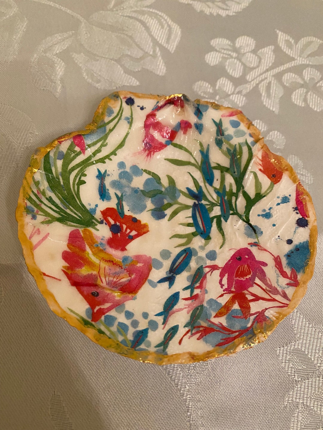 Fish Party Handmade 24K Decoupage Scallop Shell Trinket Dish in Gift ...