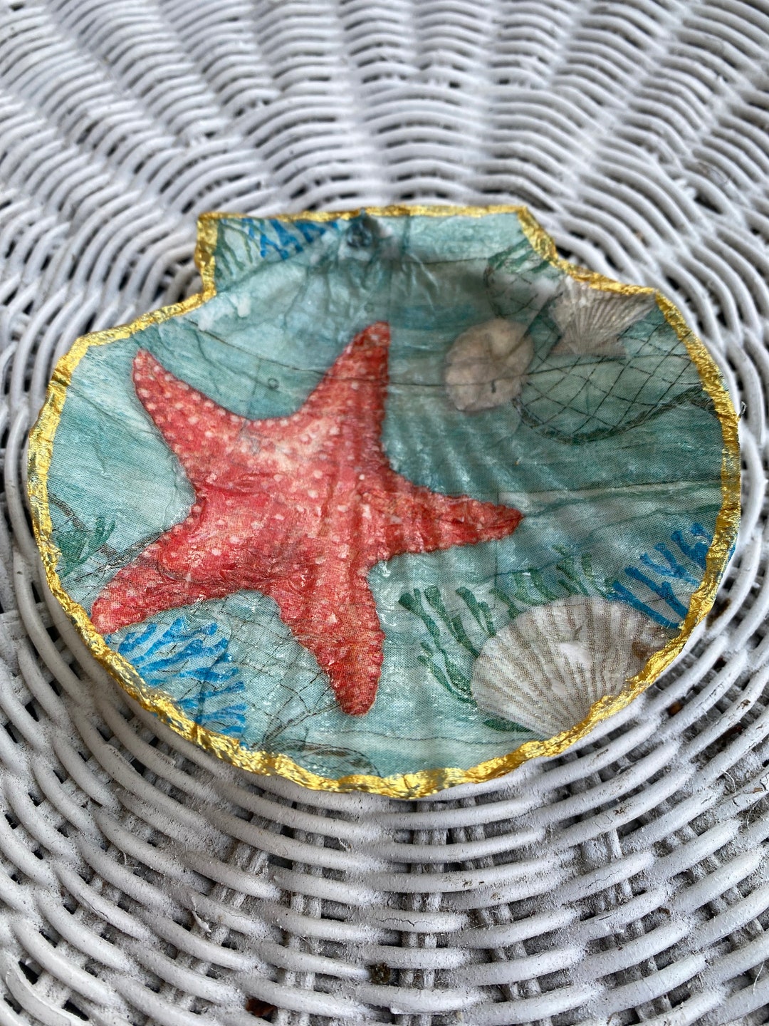 Starfish Handmade 24 Karat Gold Trimmed Decoupage Scallop Shell Trinket ...