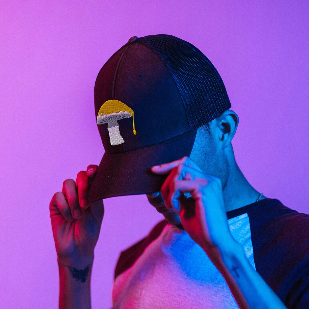 Mushroom Dripping Trippy Trucker Cap Black Mesh Back With Golden White ...