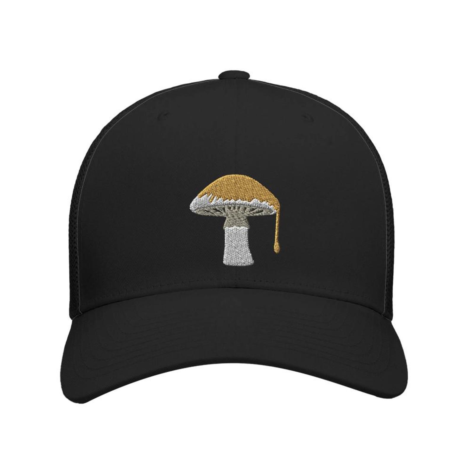 Mushroom Dripping Trippy Trucker Cap Black Mesh Back With Golden White ...