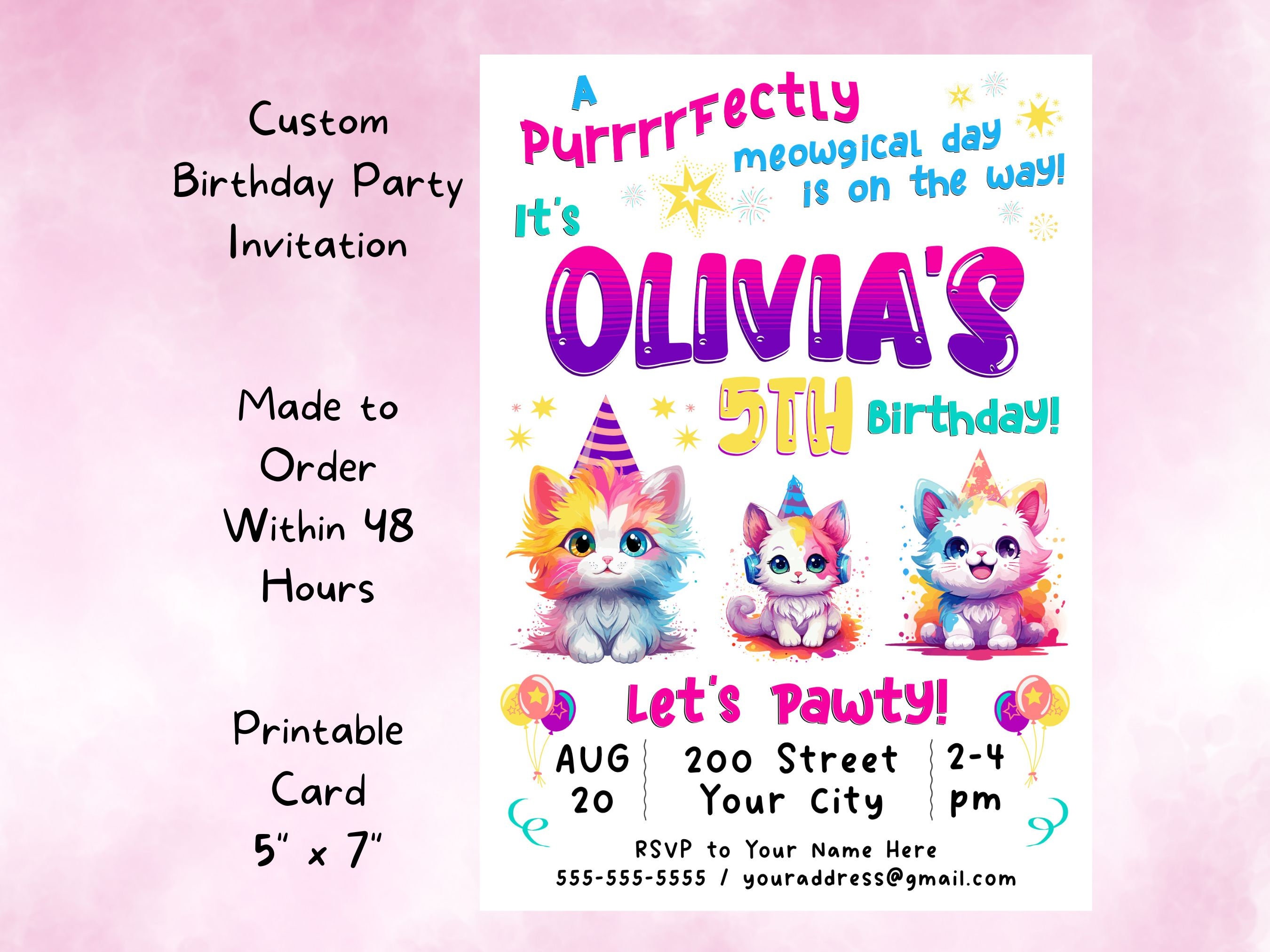 Rainbow Cat Birthday Invitation, Let's Pawty Invite, Cute Kitten ...