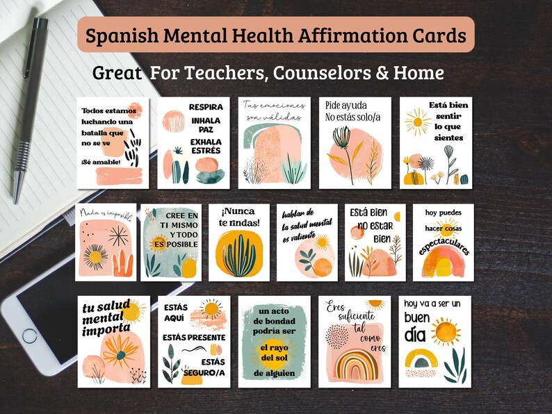 Spanish Mental Health Positive Affirmation Cards: Printable Cards for ...