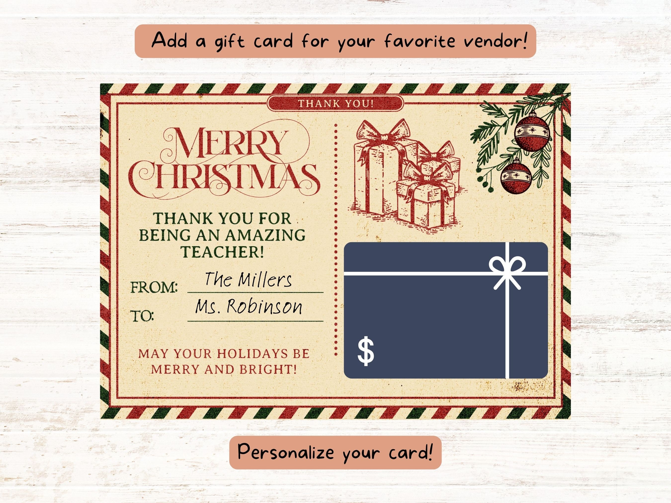 Teacher Christmas Gift Card Holder Printable, PTA PTO Teacher ...