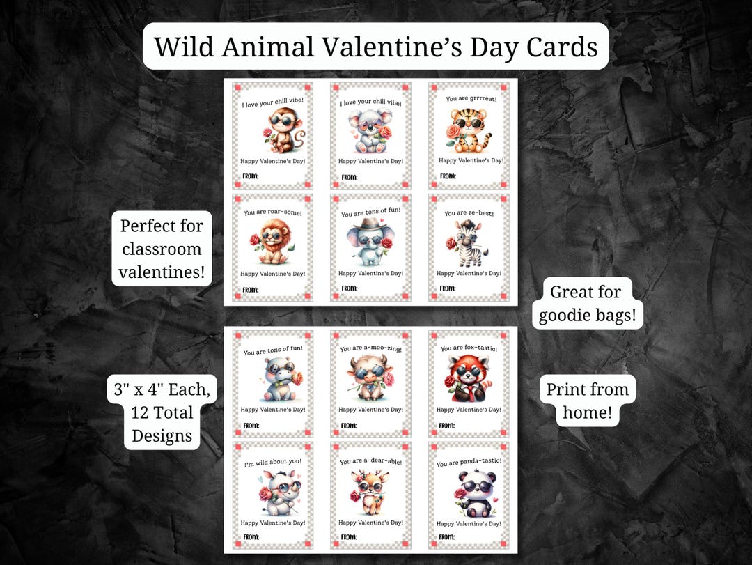 Animal Valentine's Day Cards Printable Elementary Classroom Valentine ...
