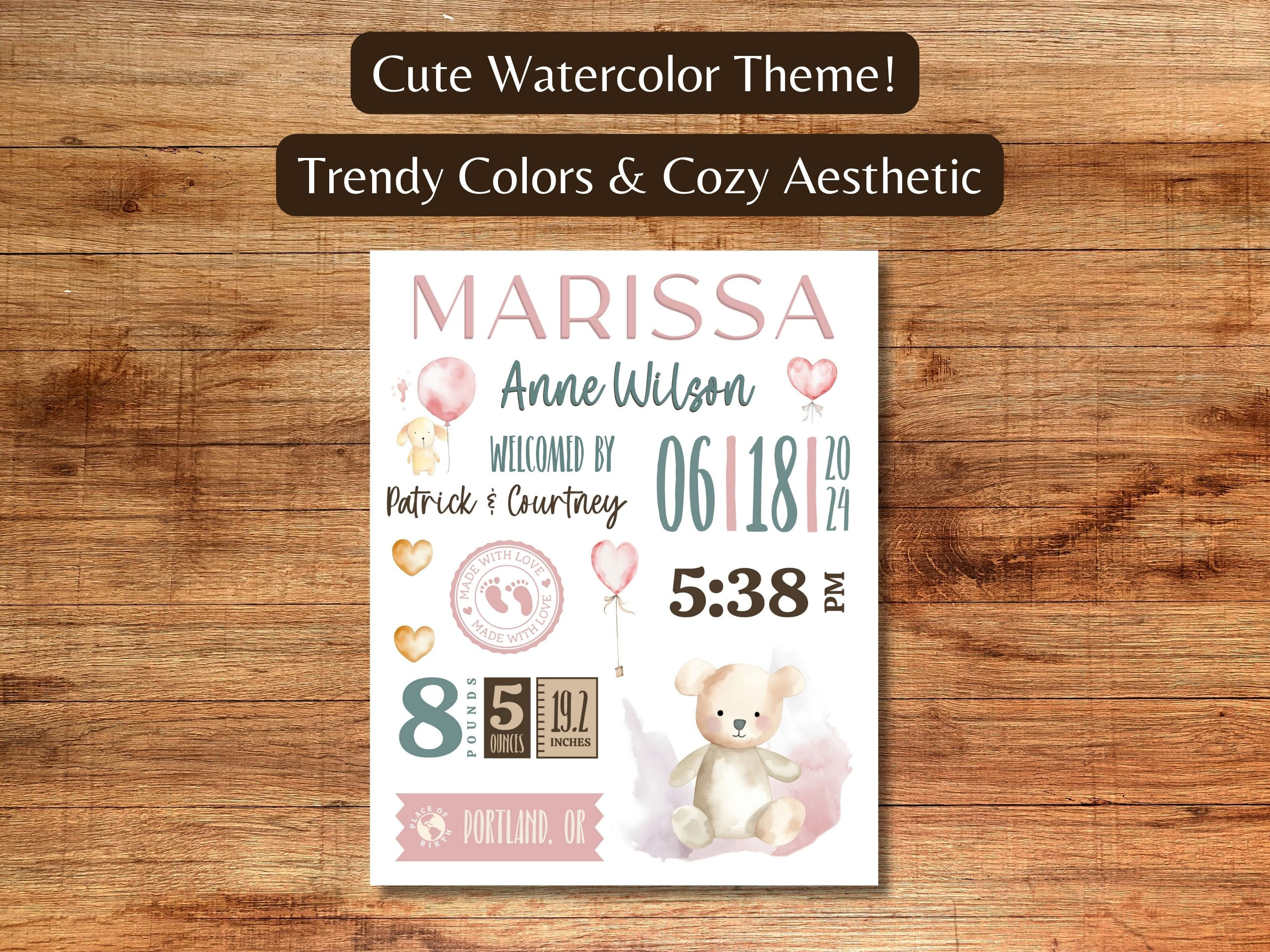 Birth Stats Poster Printable, Girl Birth Announcement Custom Sign, Bear ...