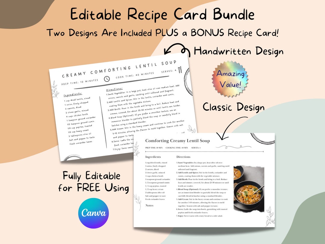 Editable Recipe Card Template Printable Minimalist Cookbook Template ...