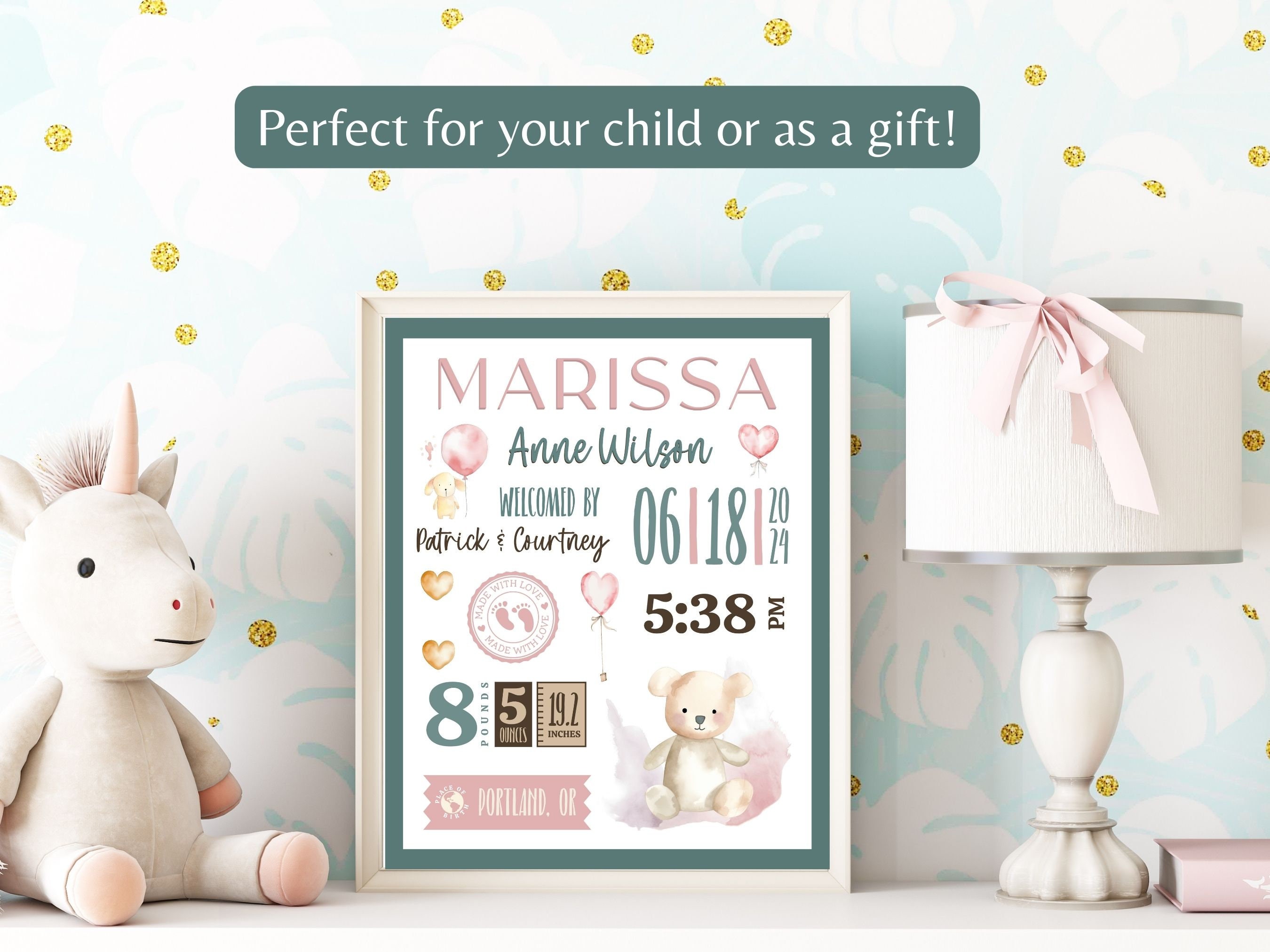 Birth Stats Poster Printable, Girl Birth Announcement Custom Sign, Bear ...