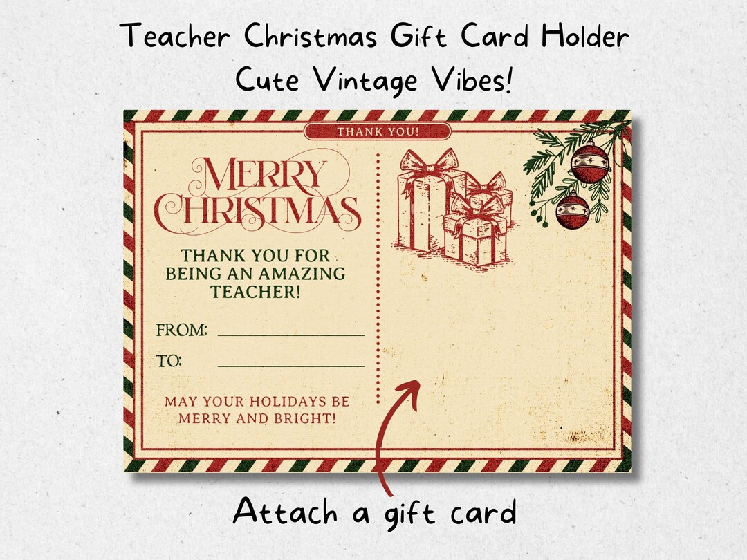 Teacher Christmas Gift Card Holder Printable, PTA PTO Teacher ...