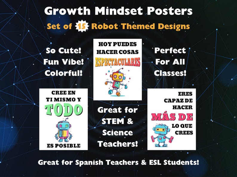 Spanish Growth Mindset Poster Set: STEM Robot Decor for Classroom - Etsy
