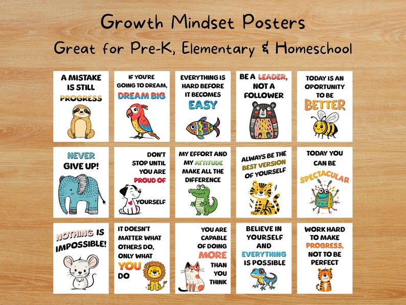 Growth Mindset Poster Elementary Motivation Classroom Decor Animal ...
