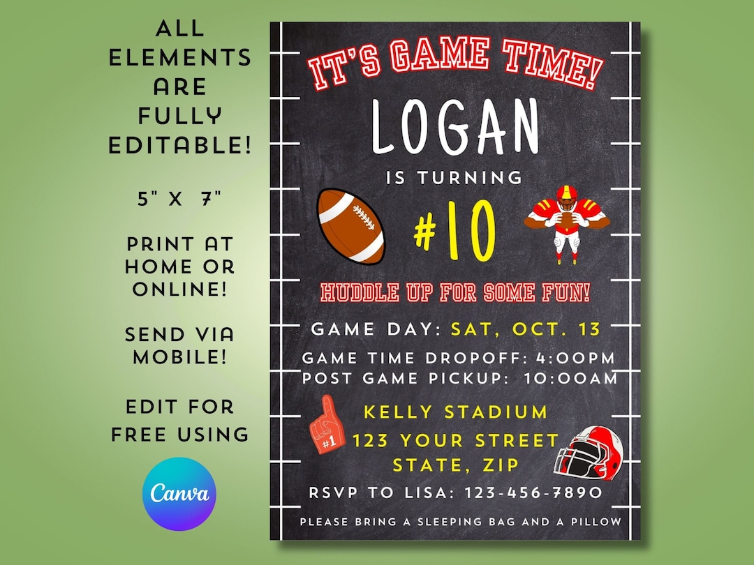 Boys Sleepover Football Birthday Party Invite Editable Printable ...