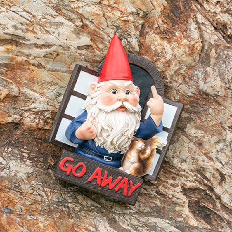 Funny Garden Gnome Middle Finger Go Away in Window With Squirrel ...
