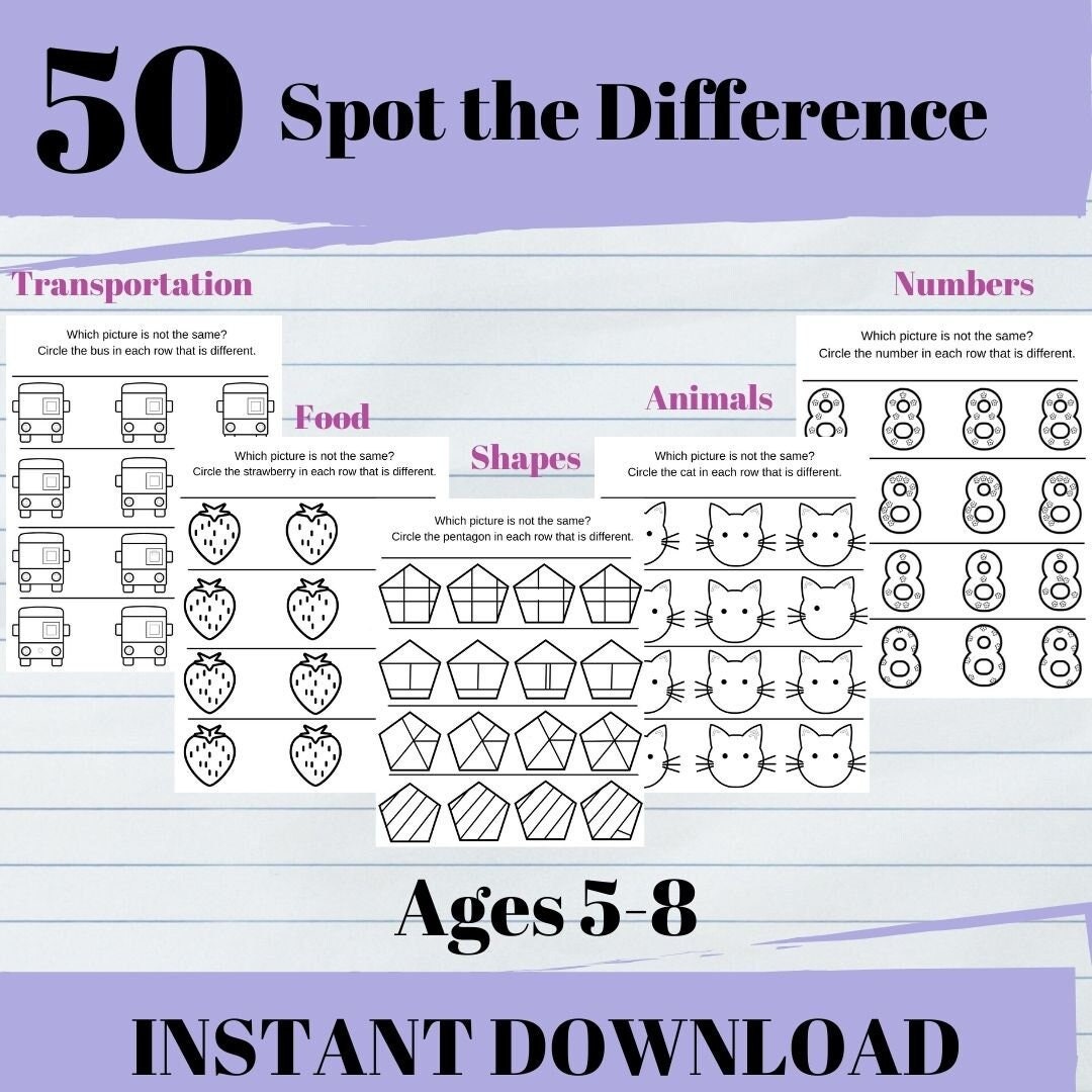 50 Spot the Difference Printable Worksheets, Find the Difference Game ...