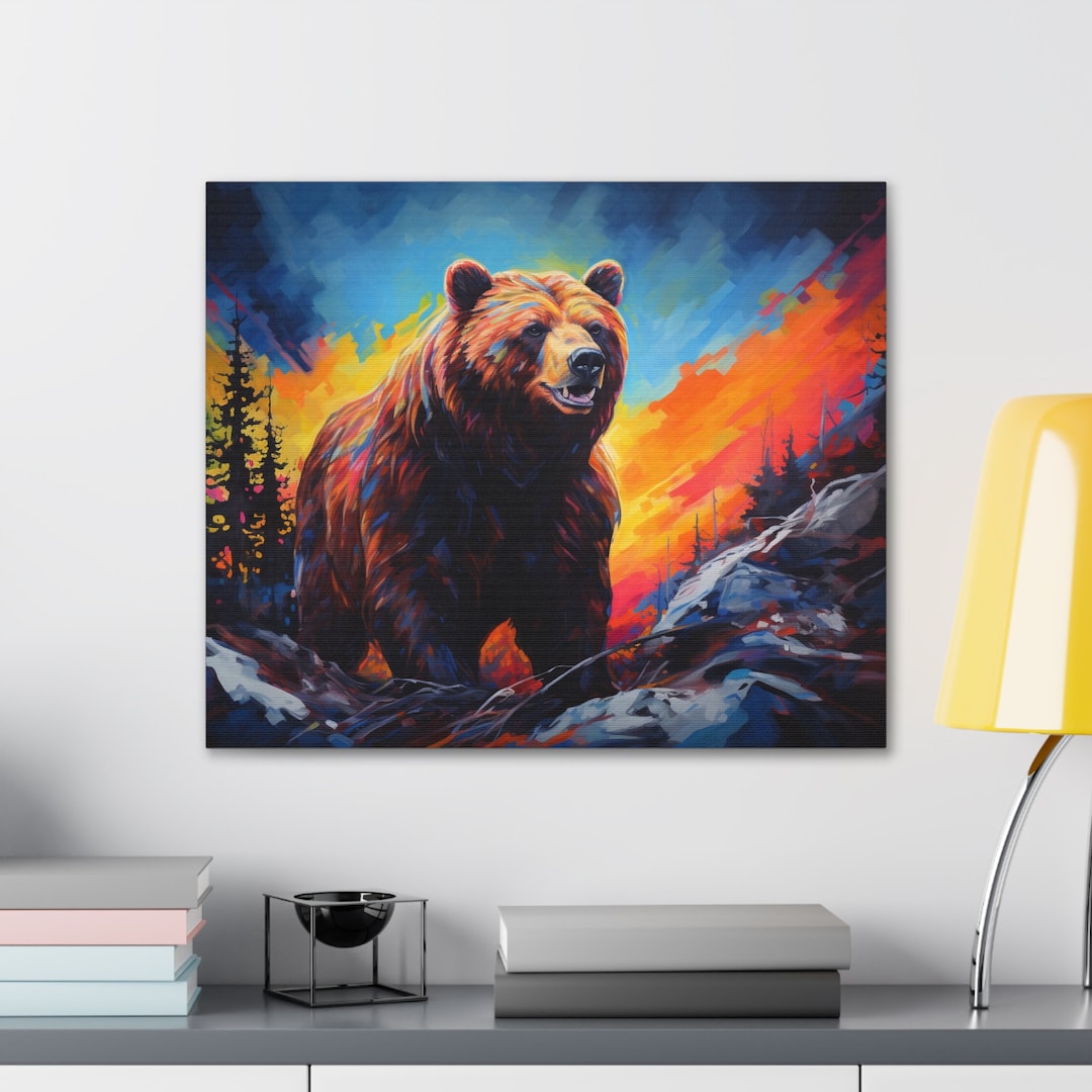 Bear Canvas Wall Art Grizzly Bear Neon Art Bear Canvas Print Home Decor Ready to Hang Brown Bear ...
