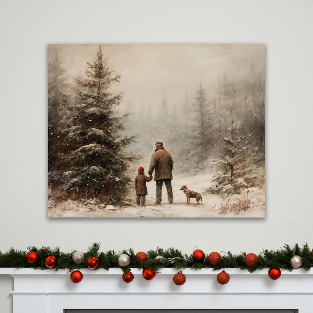 Country Christmas Vintage Painting, Winter Rustic Wall Art, Holiday ...