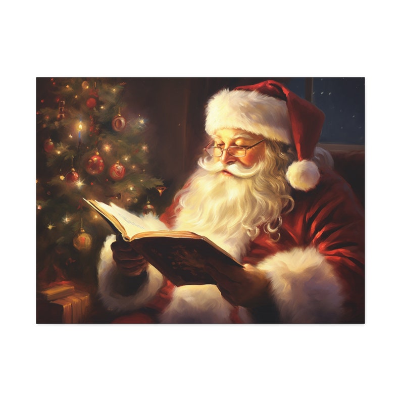 Vintage Santa Reading Book Canvas: Christmas Oil Painting Wall Art - Etsy