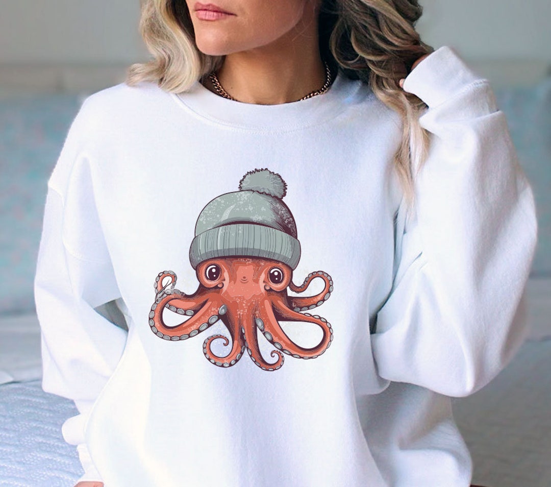 Cute Octopus Sweatshirt Octopus Art Sweatshirt Octopus Wearing Beanie ...
