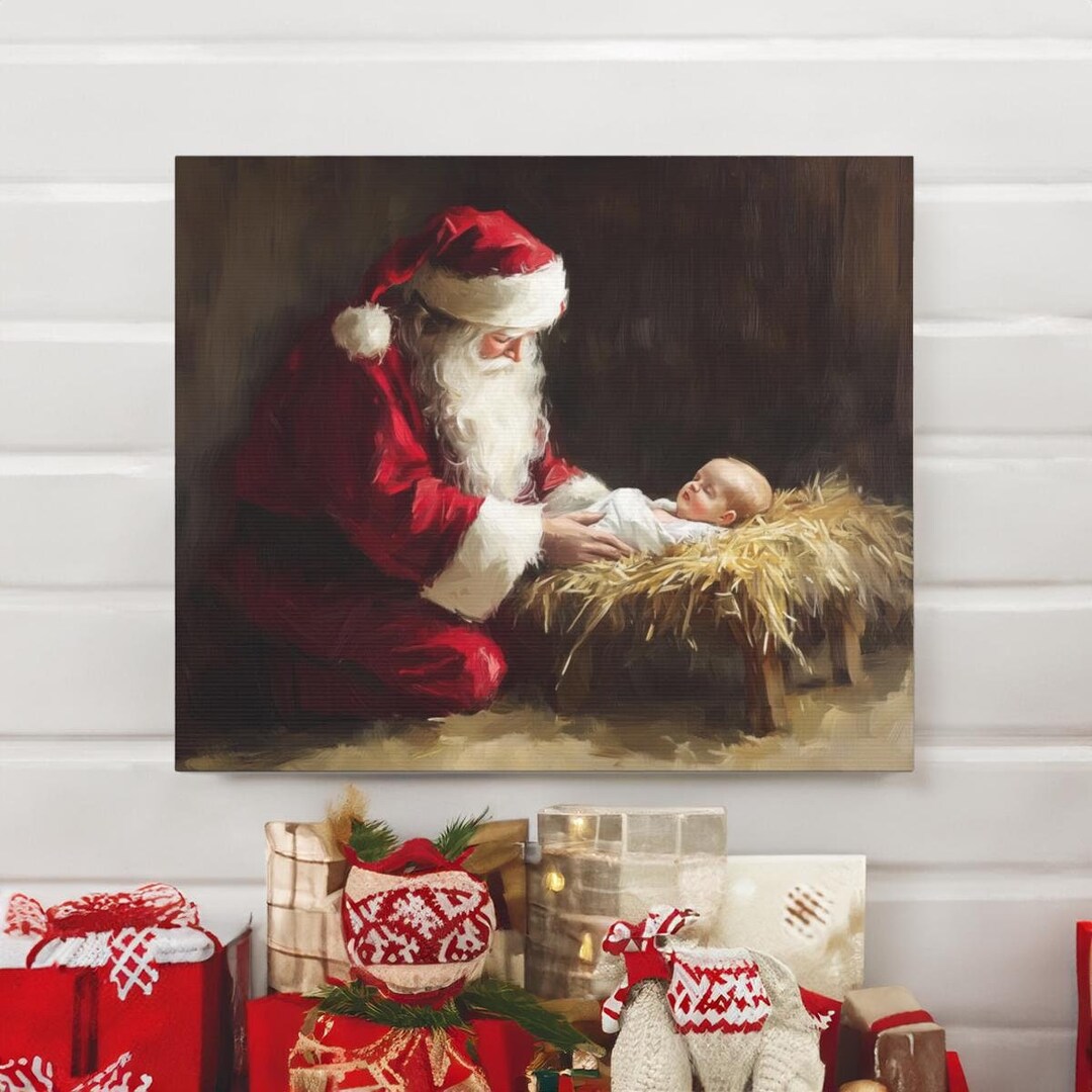 Santa Kneeling at Manger Canvas: Nativity Christmas Wall Art - Etsy