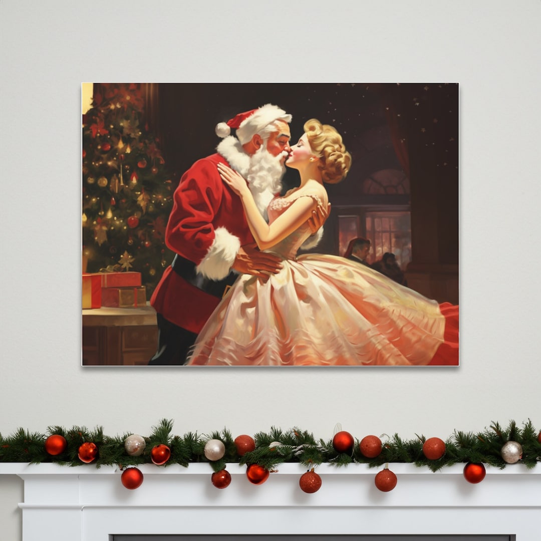 Mommy Kissing Santa Claus, Rustic Christmas Painting, Christmas Oil ...