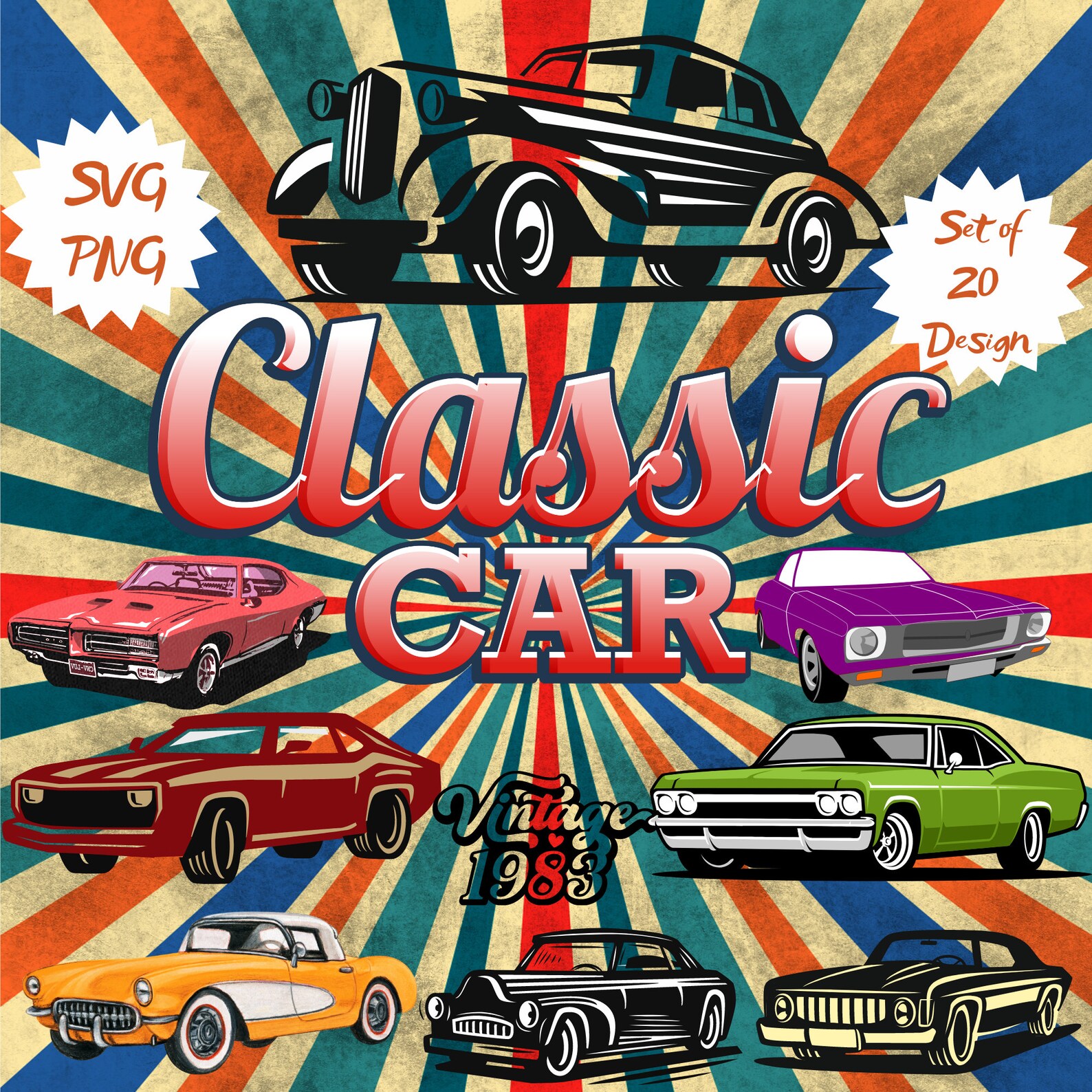 Vintage Classic Car Svg Bundle, 1983 Vintage Car Svg, Clipart, Vector ...