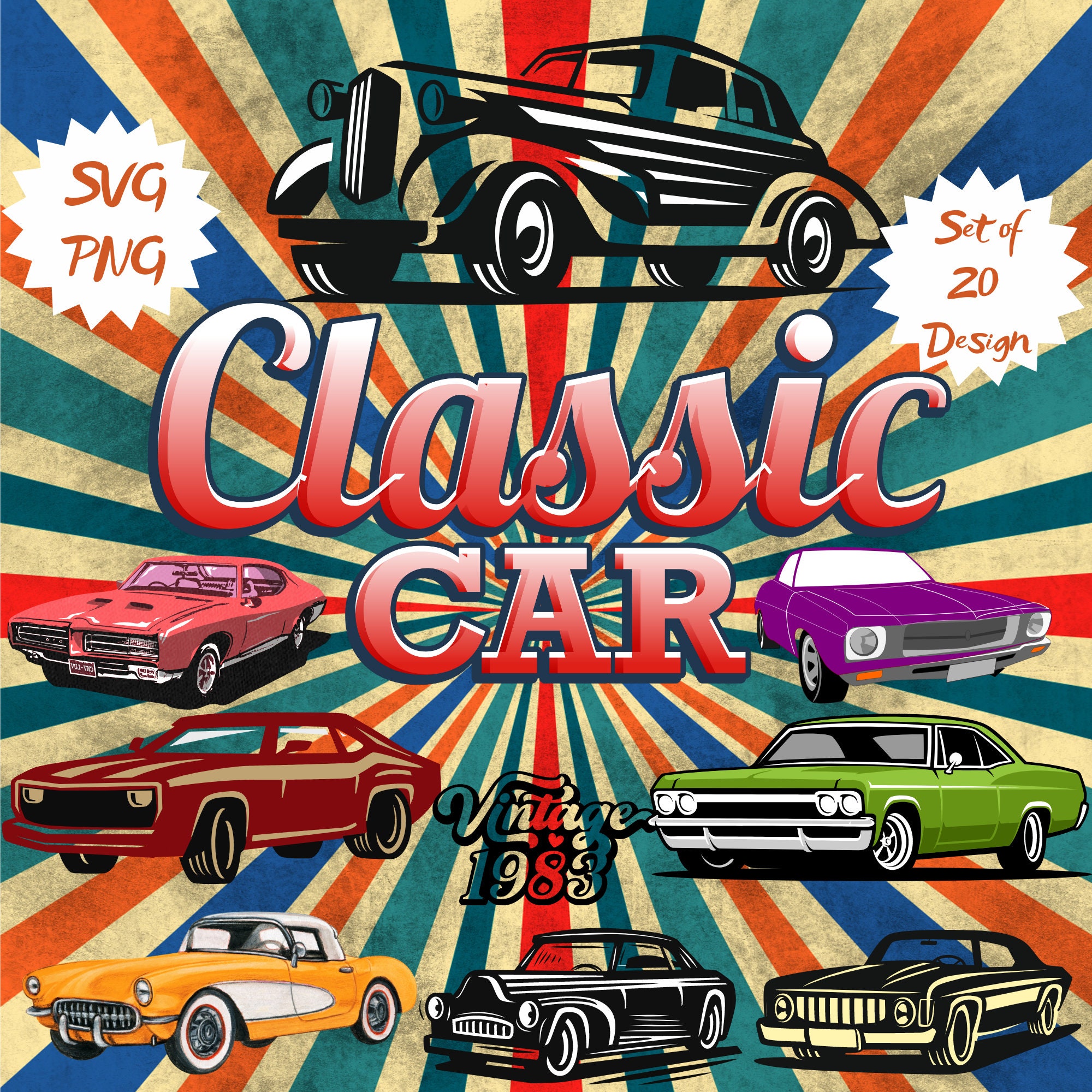 Vintage Classic Car Svg Bundle, 1983 Vintage Car Svg, Clipart, Vector ...