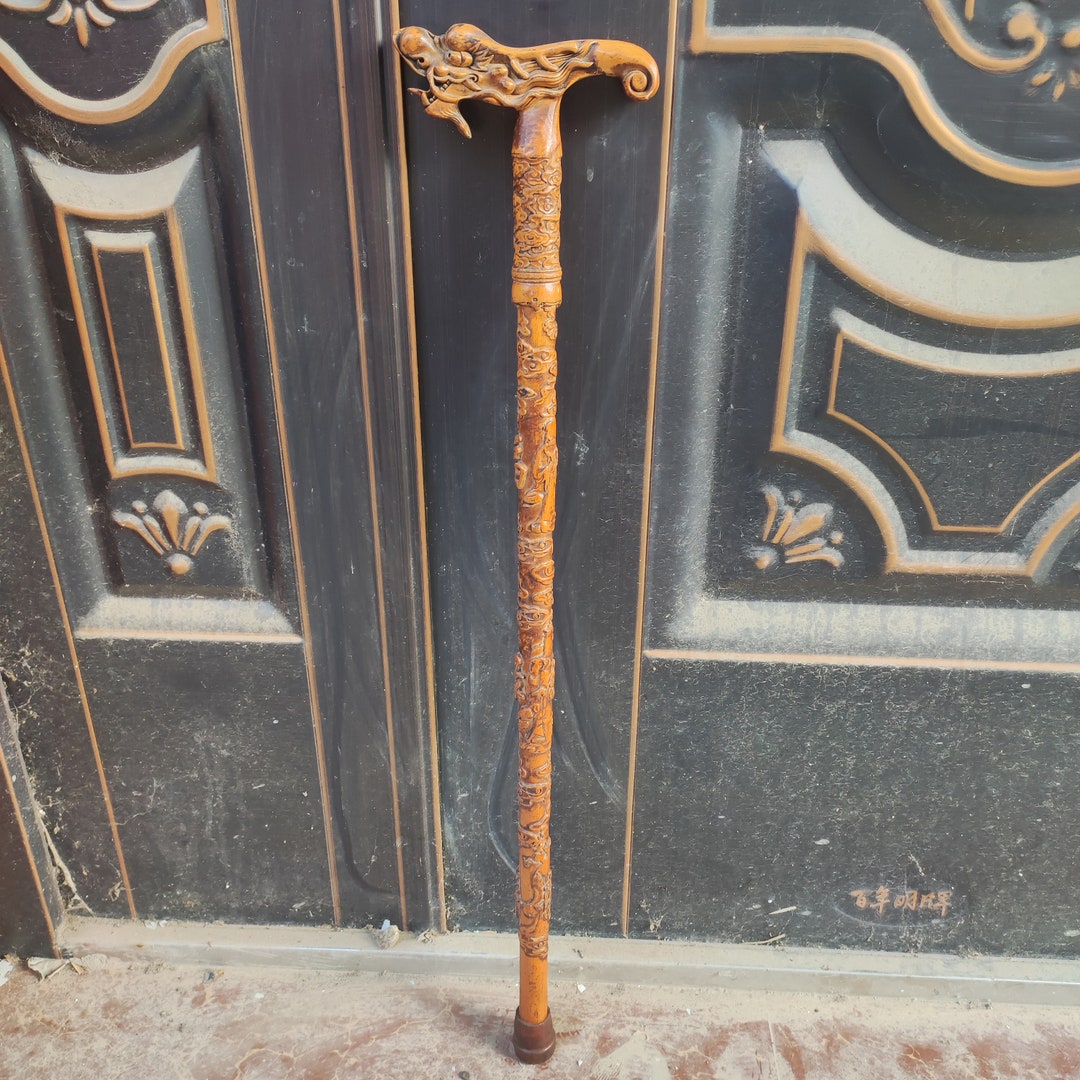 Solid Wood Vintage Dragon Head Cane Walking Stick Hand Carved Exquisite ...