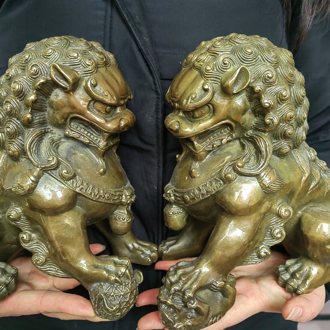 A Pair 2024 Chinese Huge Lion Brass Statue Lunar Year Gift Home Mascot ...