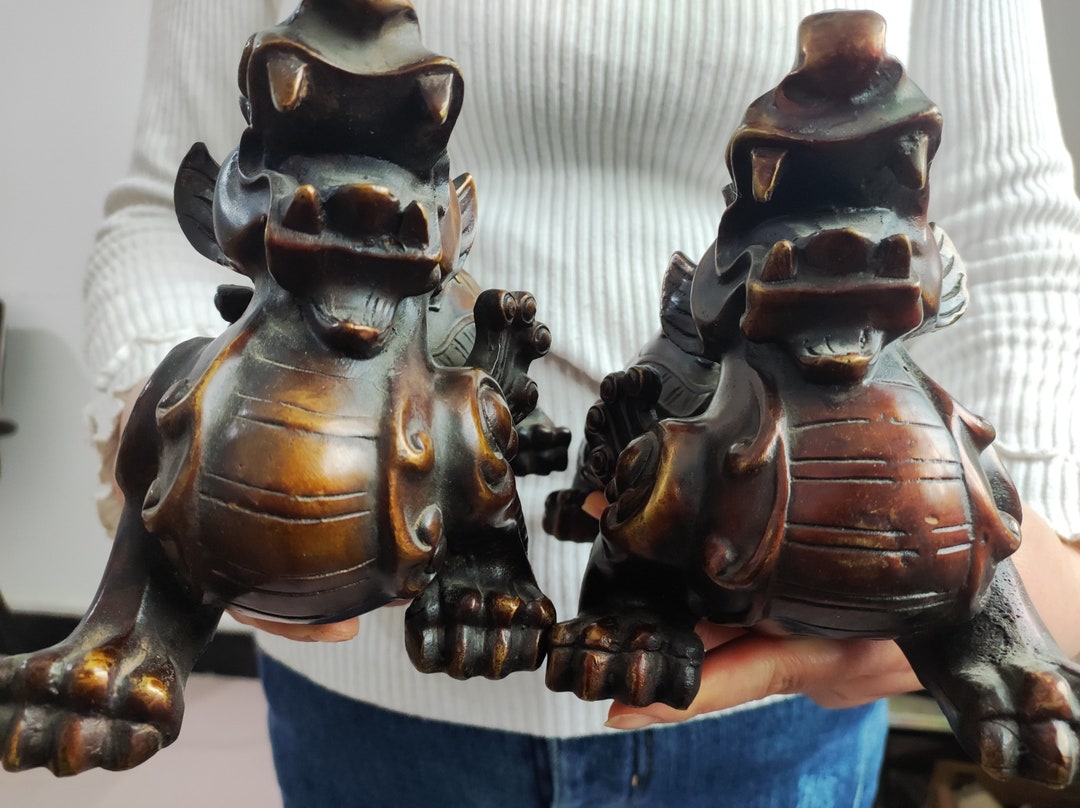 A Pair Copper Art Ferocious Copper Pixiu Statue, Mythical Anmimal ...
