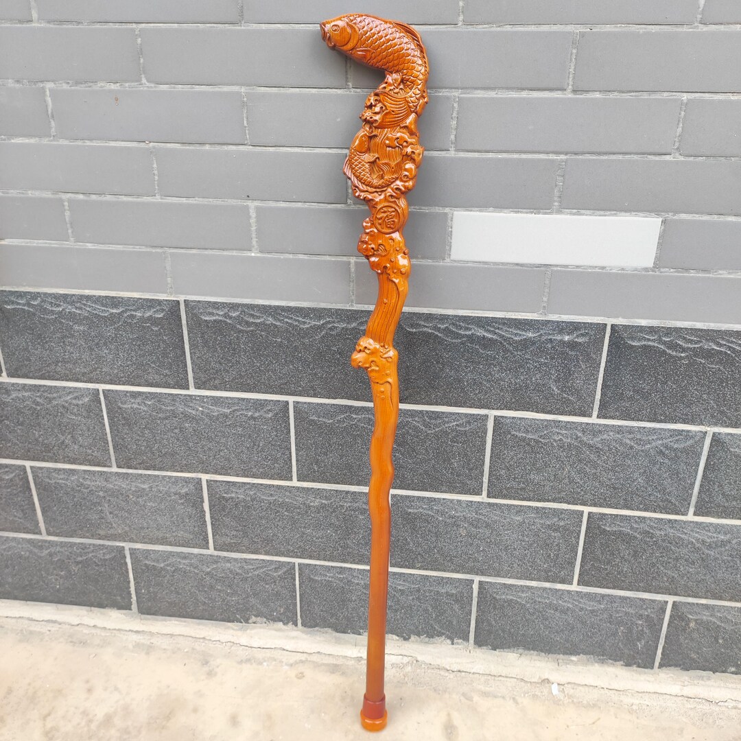 Solid Wood Vintage Fish Cane Walking Stick Hand Carved Exquisite Crutch ...