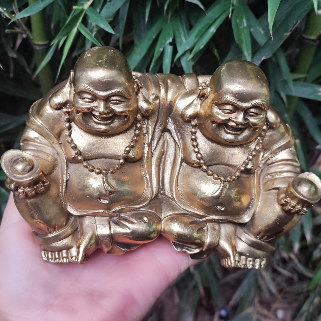 Antique Brass Feng Shui Happy Laugh Maitreya Buddha Wealth Luck Statue ...