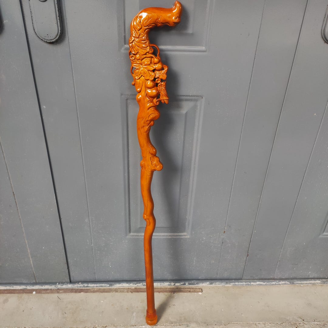 Solid Wood Gourd Vine Cane Walking Stick Hand Carved Exquisite Gourd ...