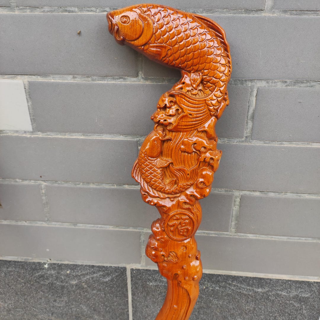 Solid Wood Vintage Fish Cane Walking Stick Hand Carved Exquisite Crutch ...