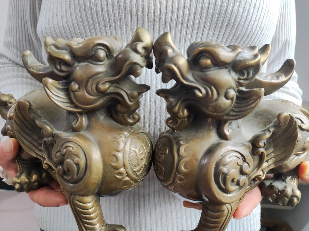 Pair Wealth Pixiu Statue Feng Shui Decor Kirin Pi Yao, Copper Kylin ...