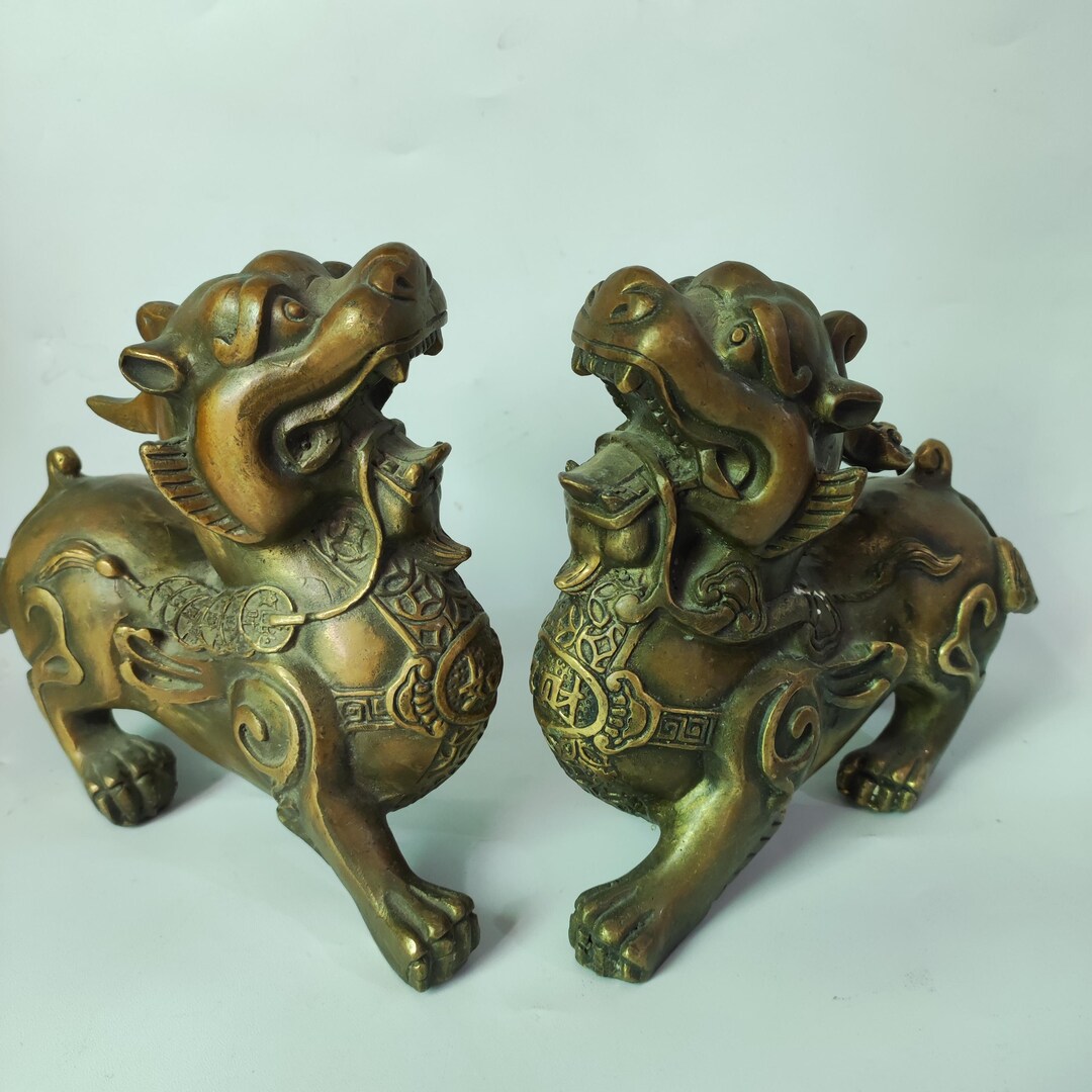 Pair Brass Dragon Pixiu Beast Statue, Home Feng Shui Blessing Fortune ...