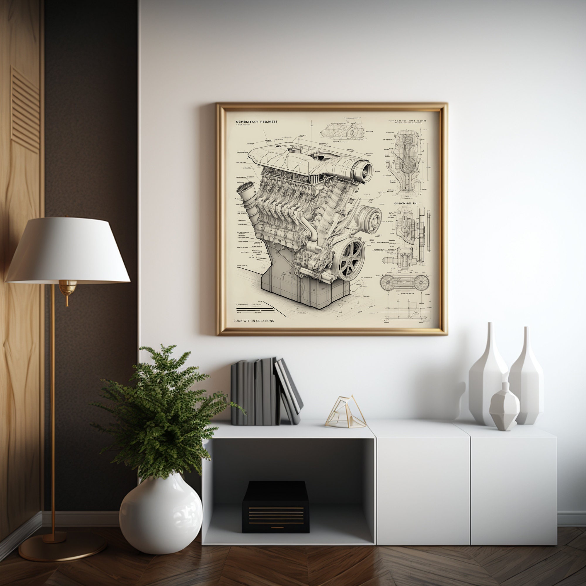 Automotive Engine Artistic Diagram | Mechanic Garage Decor | Car Engine ...