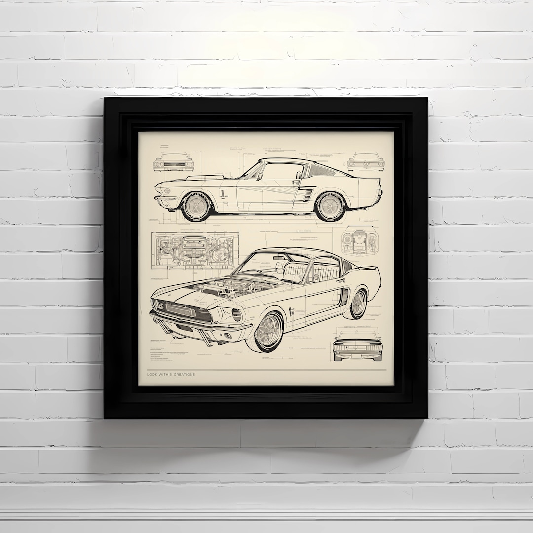 Vintage Shelby Mustang Artistic Diagram | Classic Automobile Wall Decor ...